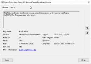 Details of event with ID 10 of source Microsoft-Windows-NetworkDeviceEnrollmentService - Uwe ...