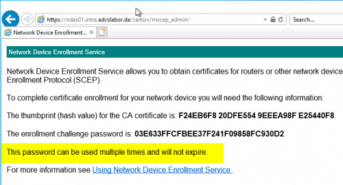 Configuring the Network Device Enrollment Service (NDES) for operation with a static password ...