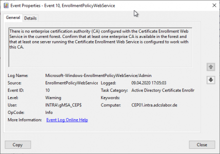 Requesting a certificate via the Certificate Enrollment Policy Web Service (CEP) fails with ...