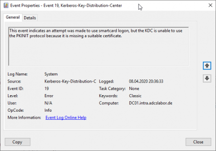 Signing in via smartcard fails with error message "Signing in with a ...