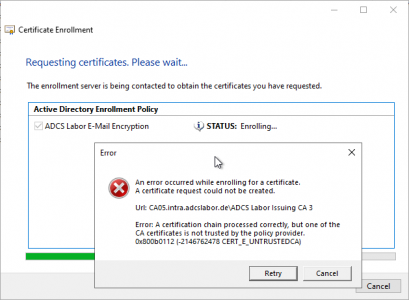 The request for a certificate fails with the error message "A ...
