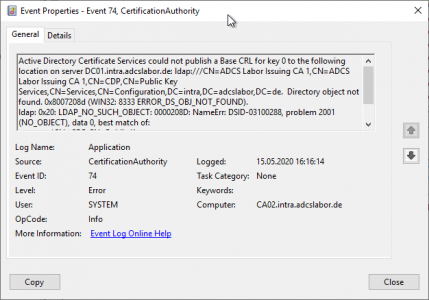 The publication of a certificate revocation list (CRL) fails with the error message "Directory ...