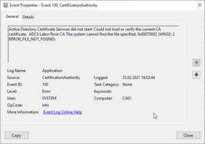The certification authority service does not start and throws the error ...