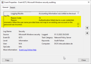 Logins via the Network Policy Server (NPS) fail with the reason "Authentication failed due to a ...