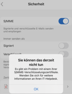 S/MIME encrypted messages cannot be sent with Outlook for iOS: "There's a problem with one of ...